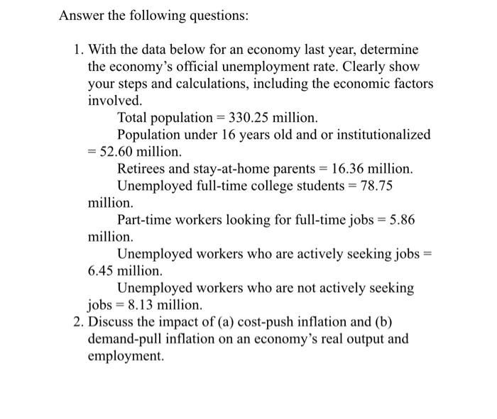 Solved nswer the following questions: 1. With the data below | Chegg.com