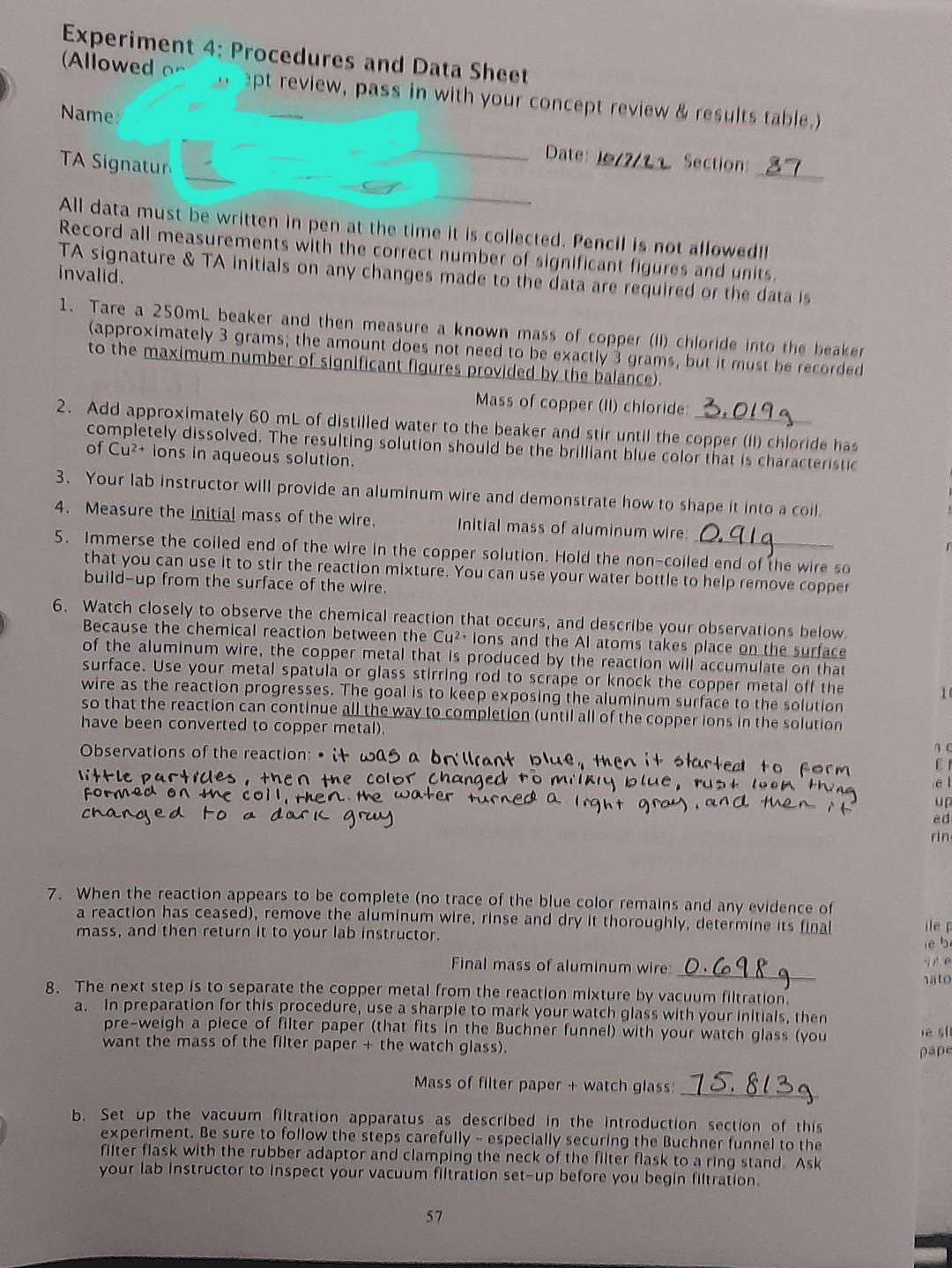 Solved Experiment 4: Procedures and Data Sheet (Allowed on | Chegg.com