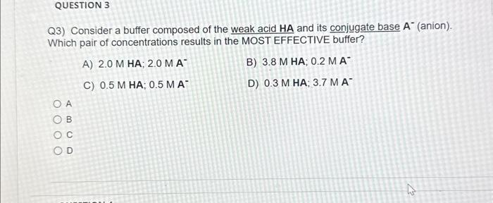 Solved Q3) Consider a buffer composed of the weak acid HA | Chegg.com