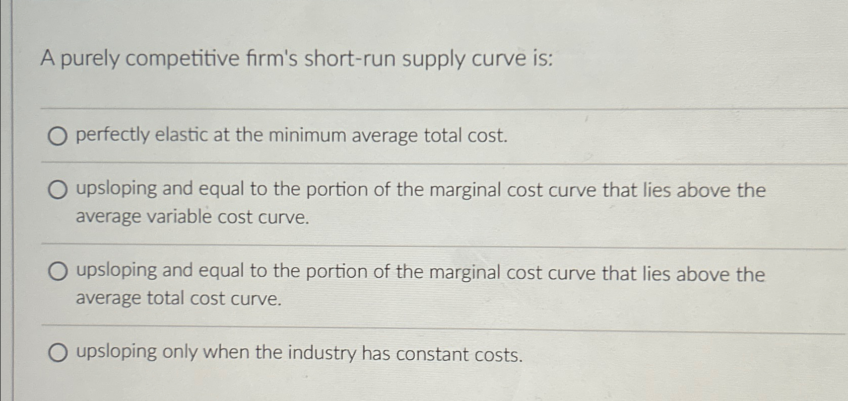 Solved A purely competitive firm's short-run supply curve | Chegg.com