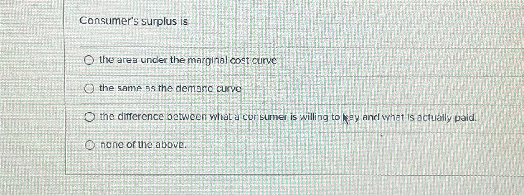 Solved Consumer's surplus isthe area under the marginal cost | Chegg.com