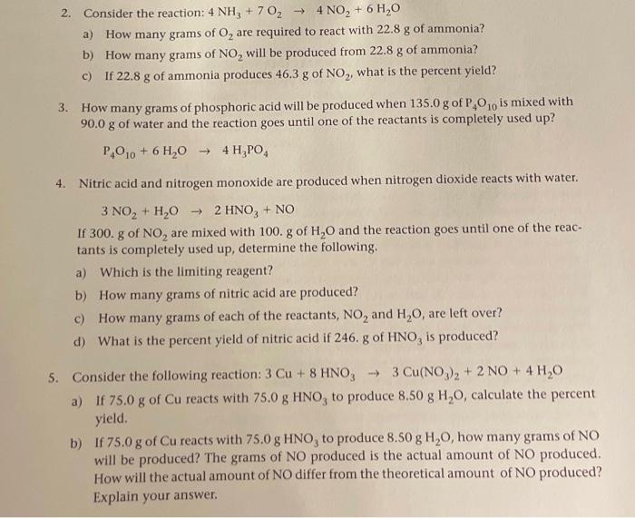 Solved 2. Consider the reaction: 4NH3+7O2→4NO2+6H2O a) How | Chegg.com