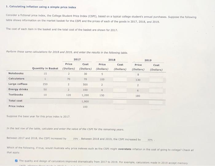 Solved 1. Calculating inflation using a simple price index | Chegg.com