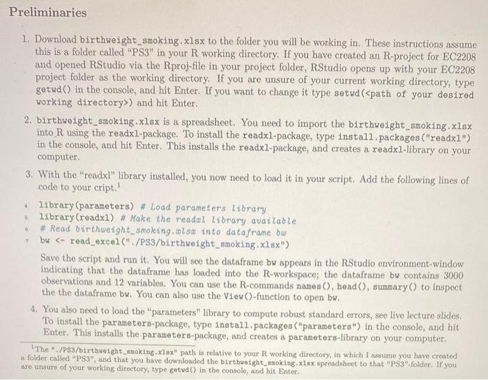 Preliminaries 1. Download birthweight_smoking.xlsx to | Chegg.com