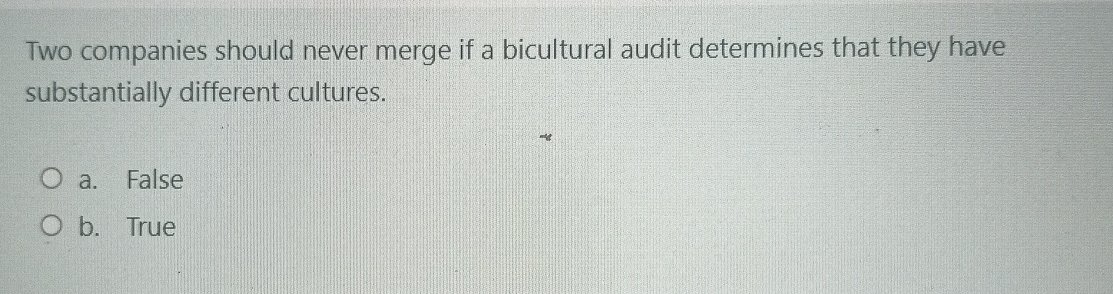 Solved Two companies should never merge if a bicultural | Chegg.com