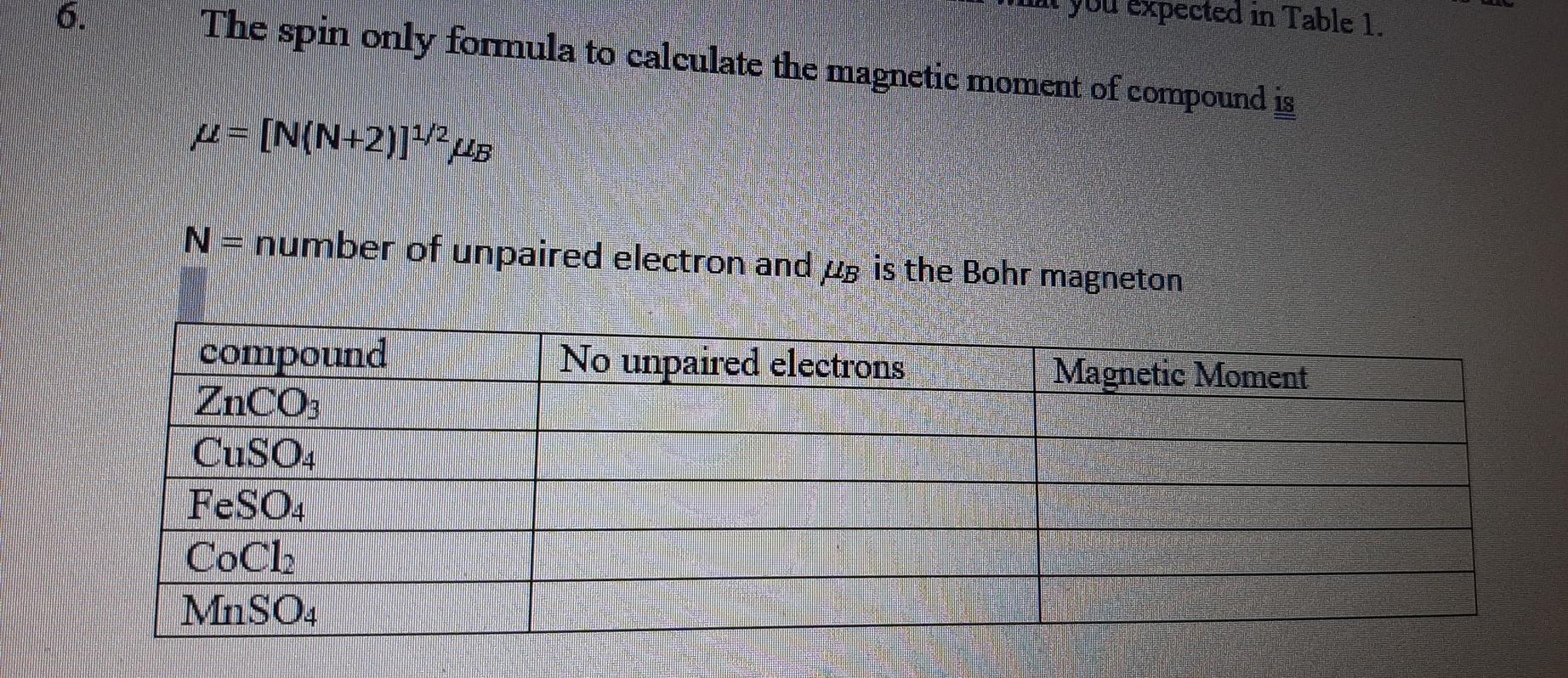 Solved The spin only formula to calculate the magnetic | Chegg.com