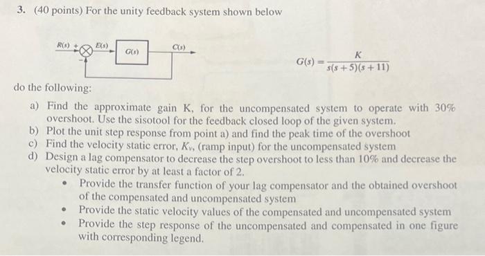 Solved 3. (40 points) For the unity feedback system shown | Chegg.com