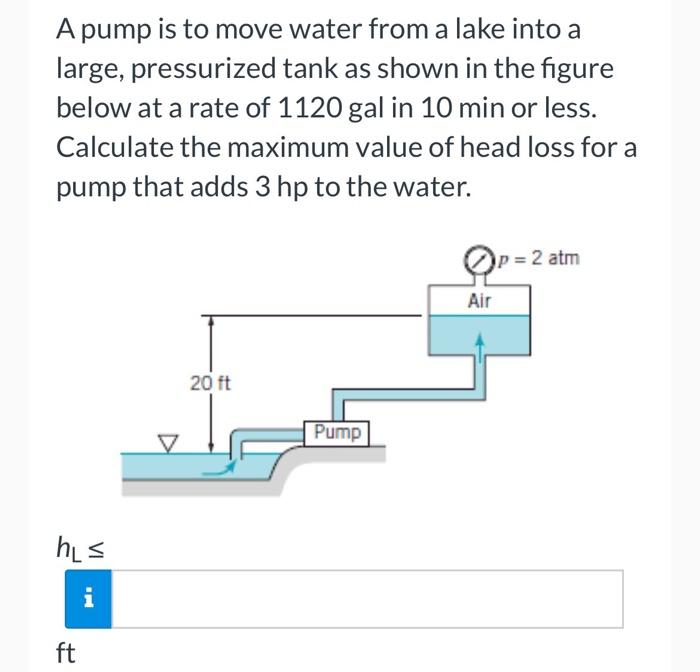 Solved A pump is to move water from a lake into a large, | Chegg.com
