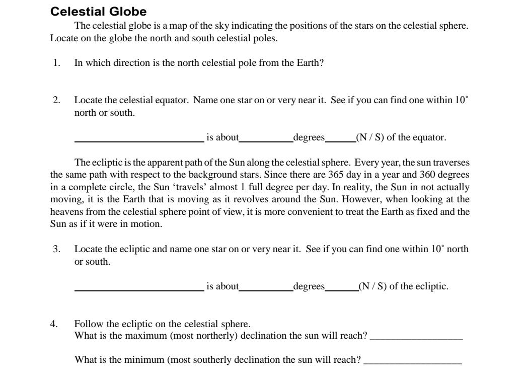 Solved Celestial GlobeThe celestial globe is a map of the | Chegg.com