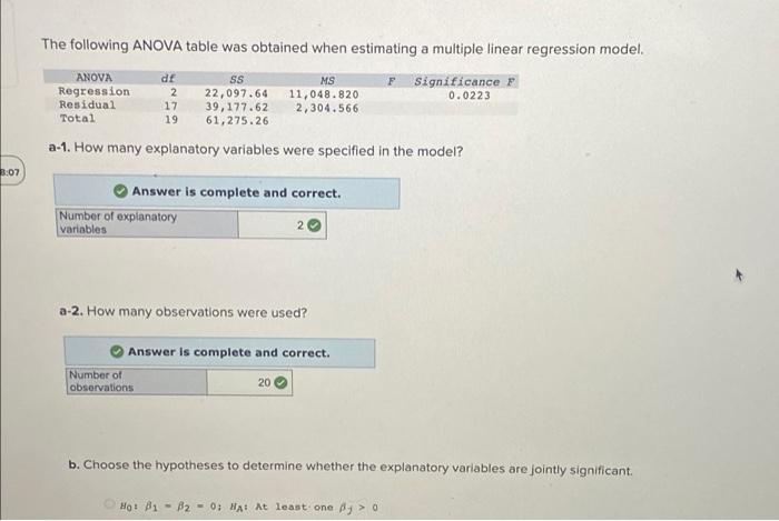Solved The following ANOVA table was obtained when | Chegg.com