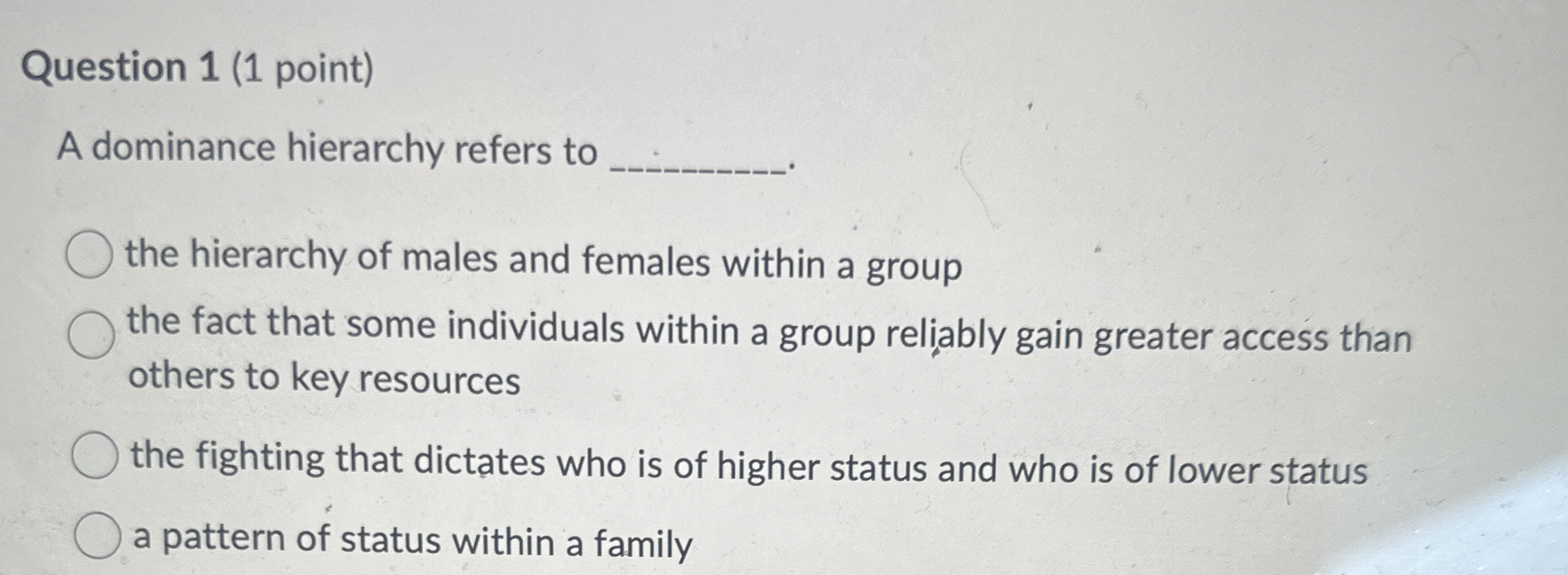 High Quality SOLUTION Question 1 (1 ﻿point)A dominance hierarchy refers to | Chegg.com