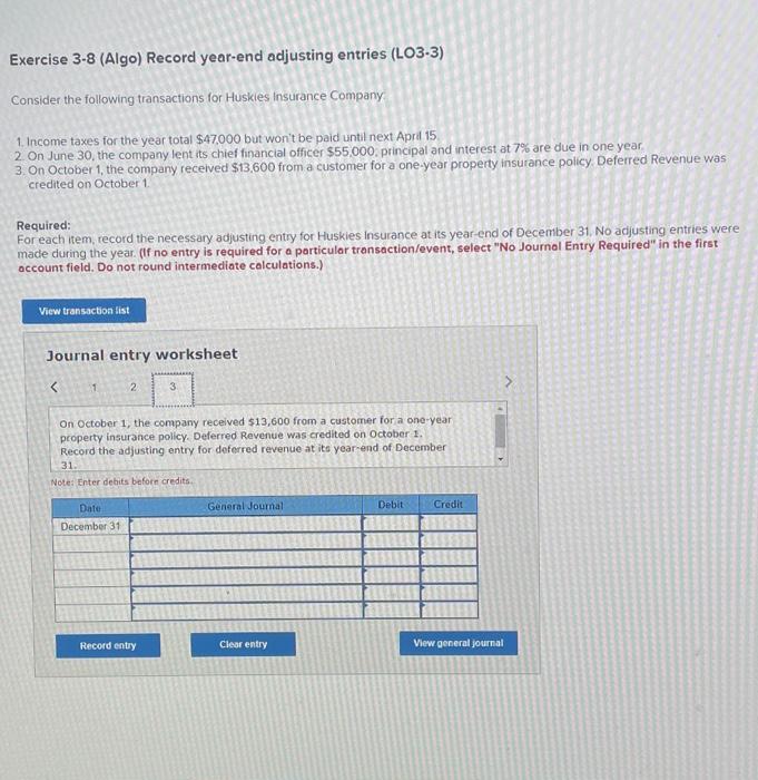 Solved Exercise 3.8 (Algo) Record year-end adjusting entries | Chegg.com