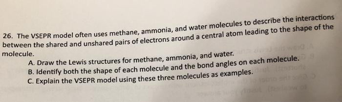 Solved 26. The VSEPR model often uses methane, ammonia, and | Chegg.com