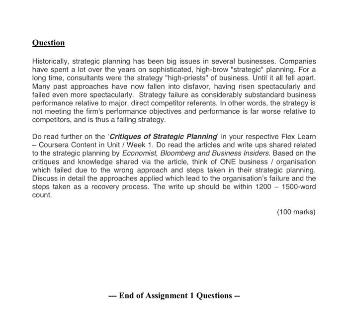 Solved Question Historically, strategic planning has been | Chegg.com