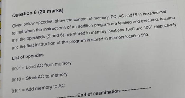 Solved Question 6 (20 marks) Given below opcodes, show the | Chegg.com