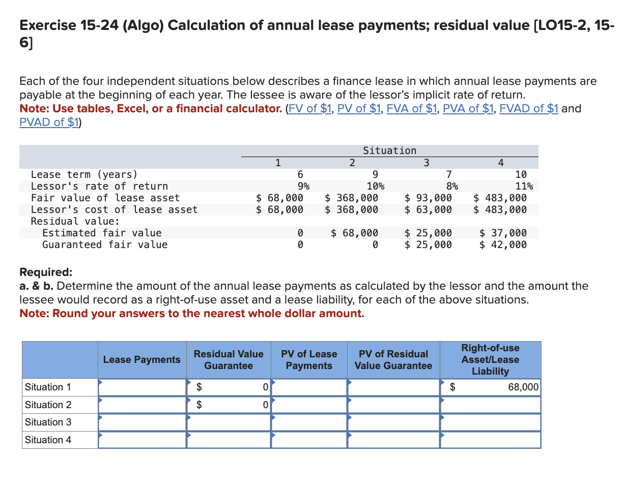 Solved Exercise 15-24 (Algo) ﻿Calculation of annual lease | Chegg.com