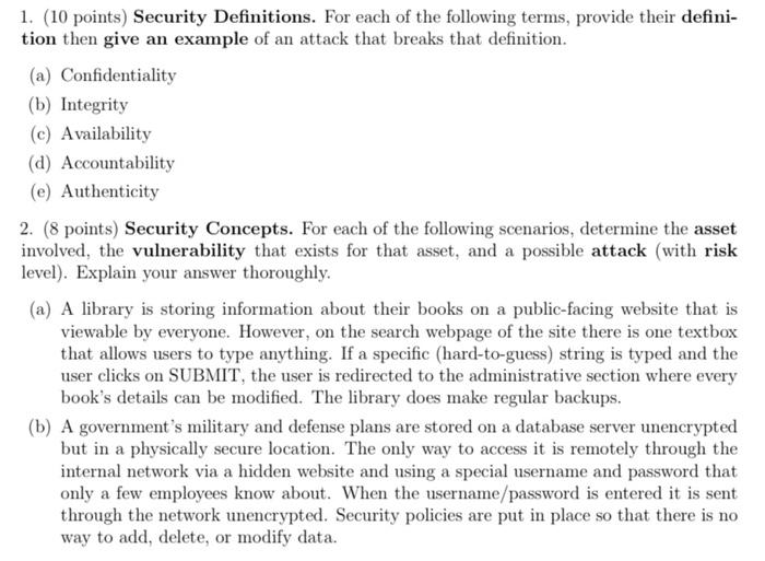 1. (10 points) Security Definitions. For each of the | Chegg.com