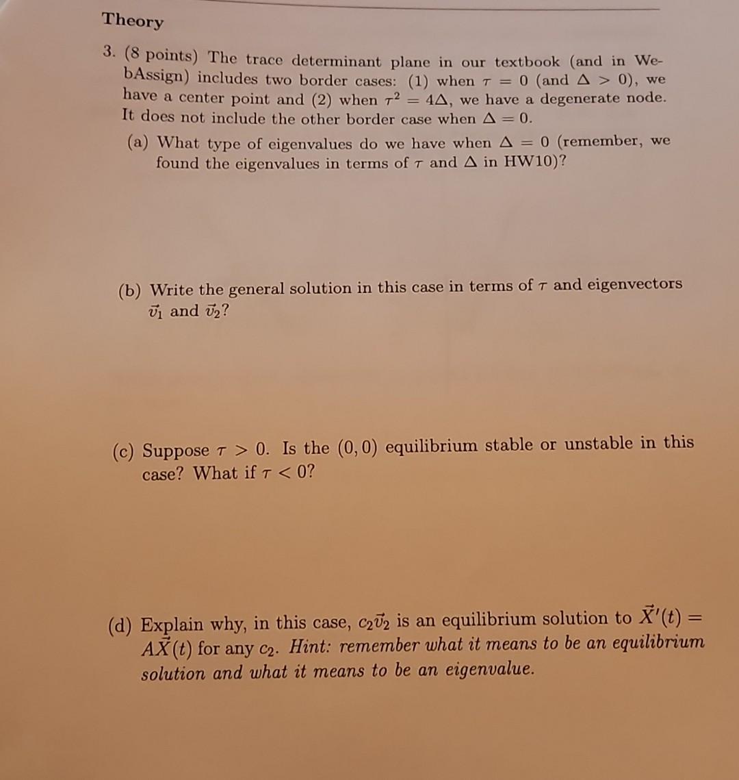 Solved Theory 3. ( 8 points) The trace determinant plane in | Chegg.com