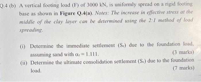 Solved 4 (b) A vertical footing load (F) of 3000kN, is | Chegg.com