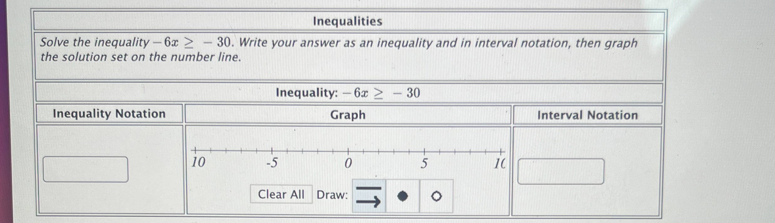Solved \table[[Inequalities,],[Solve the inequality -6x≥-30. | Chegg.com