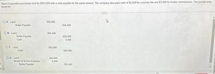 Solved Tiplon Corporation purchases land for $550,000 with a | Chegg.com
