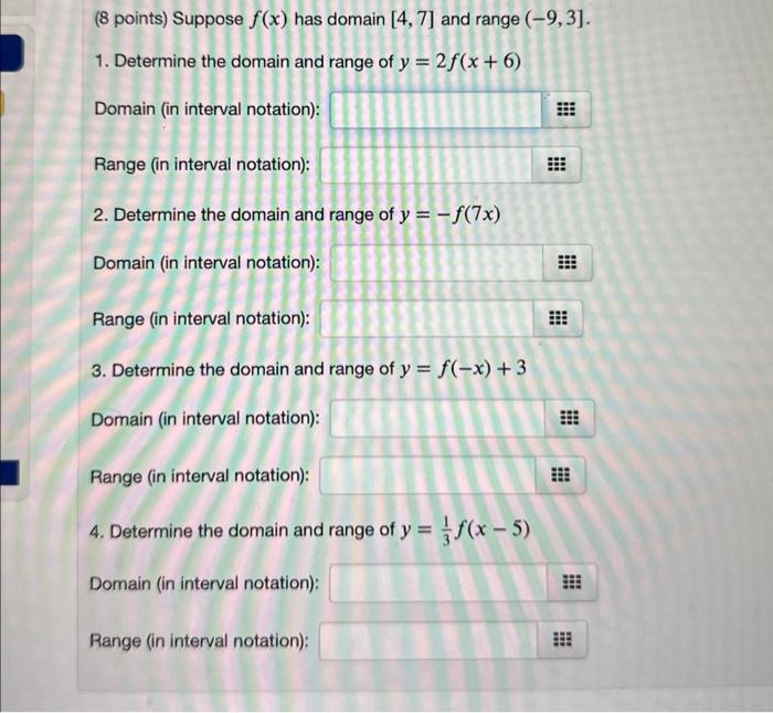 Solved (8 points) Suppose f(x) has domain [4,7] and range | Chegg.com
