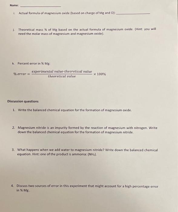 Solved Name: Data Table: Table 1. Mass data for magnesium | Chegg.com
