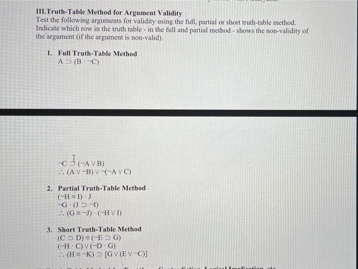 Solved III. Truth-Table Method for Argument Validity Test | Chegg.com