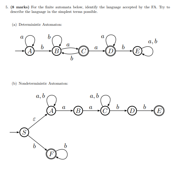 Solved 5. (8 ﻿marks) ﻿For the finite automata below, | Chegg.com