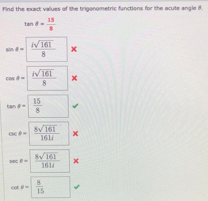 Solved Find the exact values of the trigonometric functions | Chegg.com