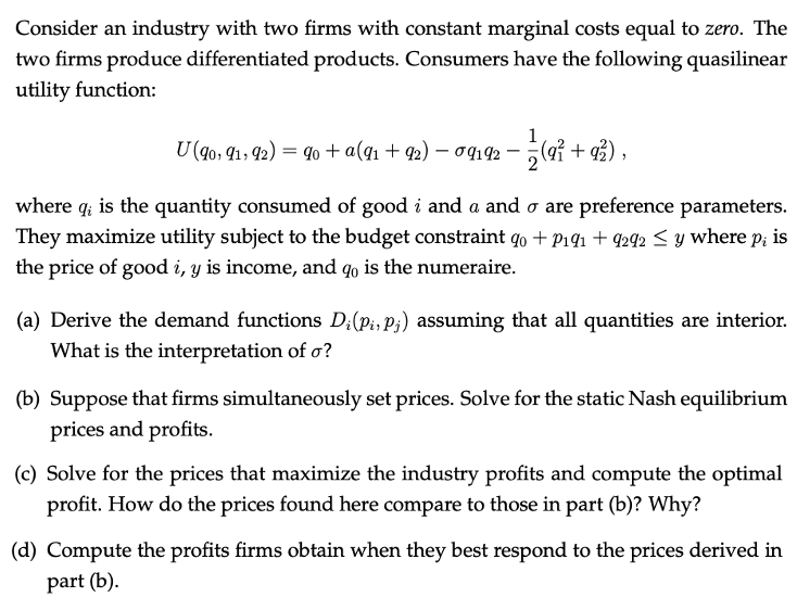 Solved Quasilinear Utility Function. (a)(b)(c)(d) | Chegg.com