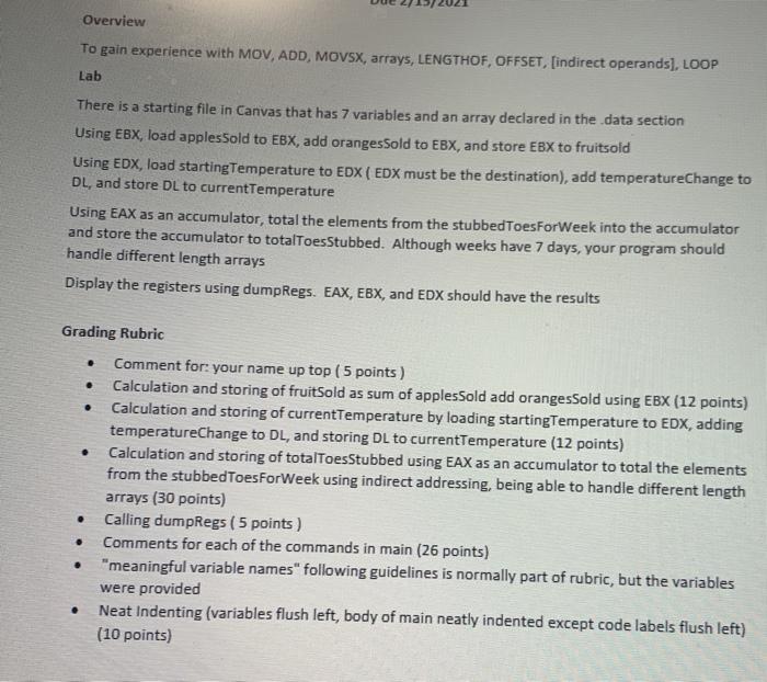 Overview To gain experience with MOV, ADD, MOVSX, | Chegg.com