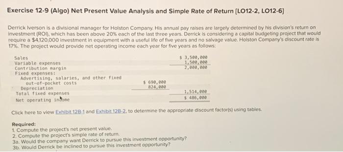 Solved Exercise 12-9 (Algo) Net Present Value Analysis and | Chegg.com