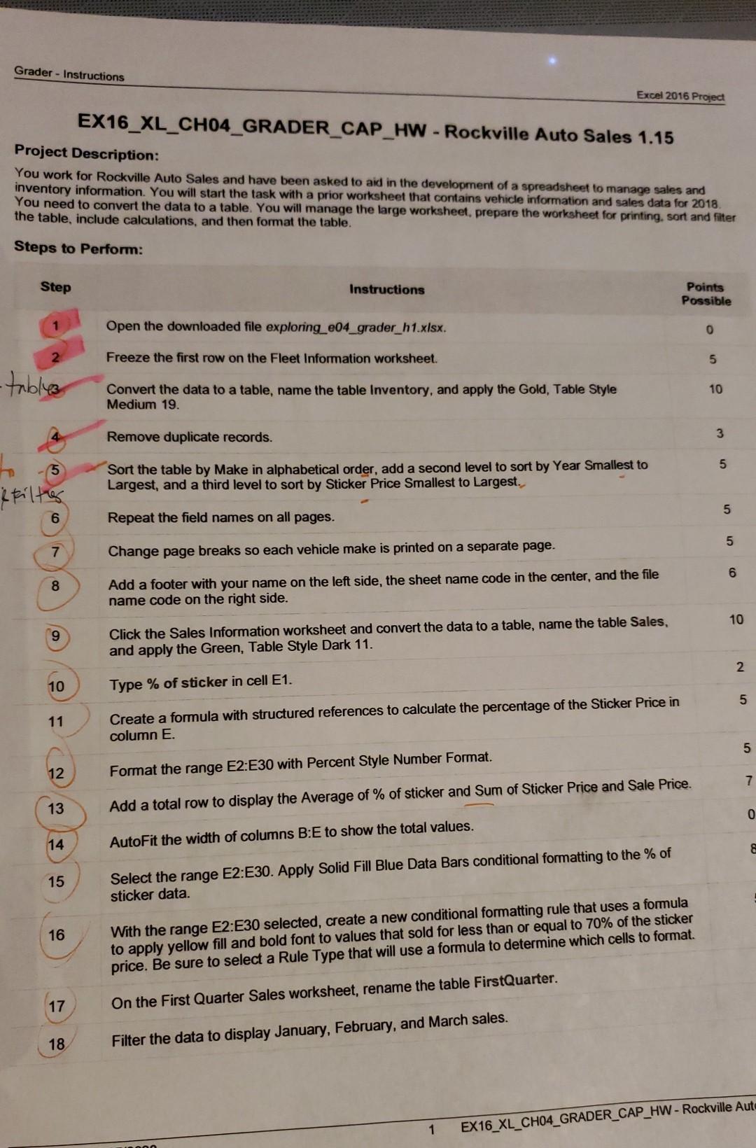 Grader - Instructions Excel 2016 Projed | Chegg.com