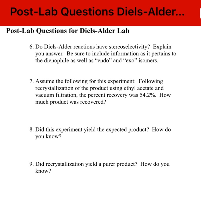 Solved Post-Lab Questions Diels-Alder... Post-Lab Questions | Chegg.com
