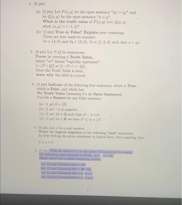 Solved 1. (6 pts) (a) (2 pts) Let P(x,y) be the open | Chegg.com Solved 1. (6 pts) (a) (2 pts) Let P(x,y) be the open | Chegg.com