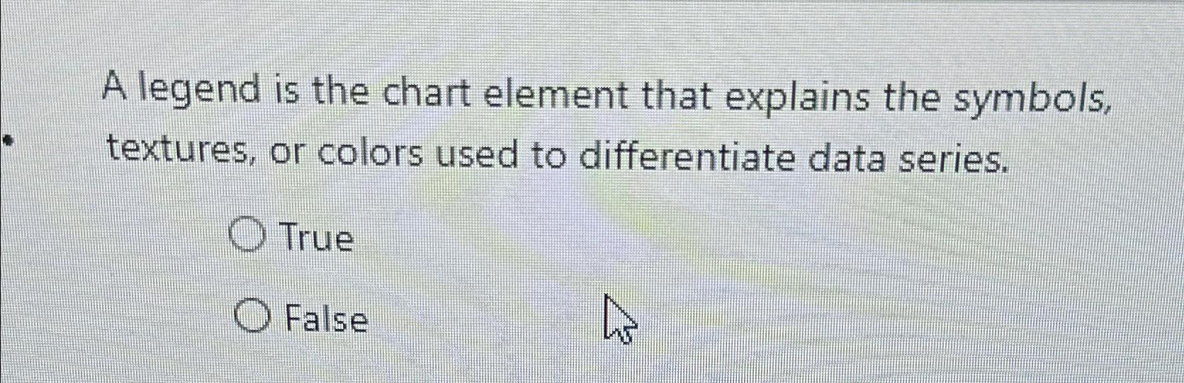 Solved A legend is the chart element that explains the | Chegg.com