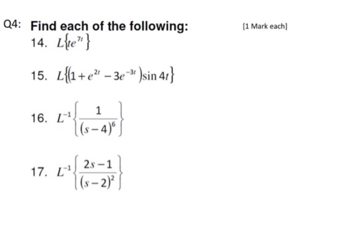 Solved (1 Mark each) Q4: Find each of the following: 14. | Chegg.com