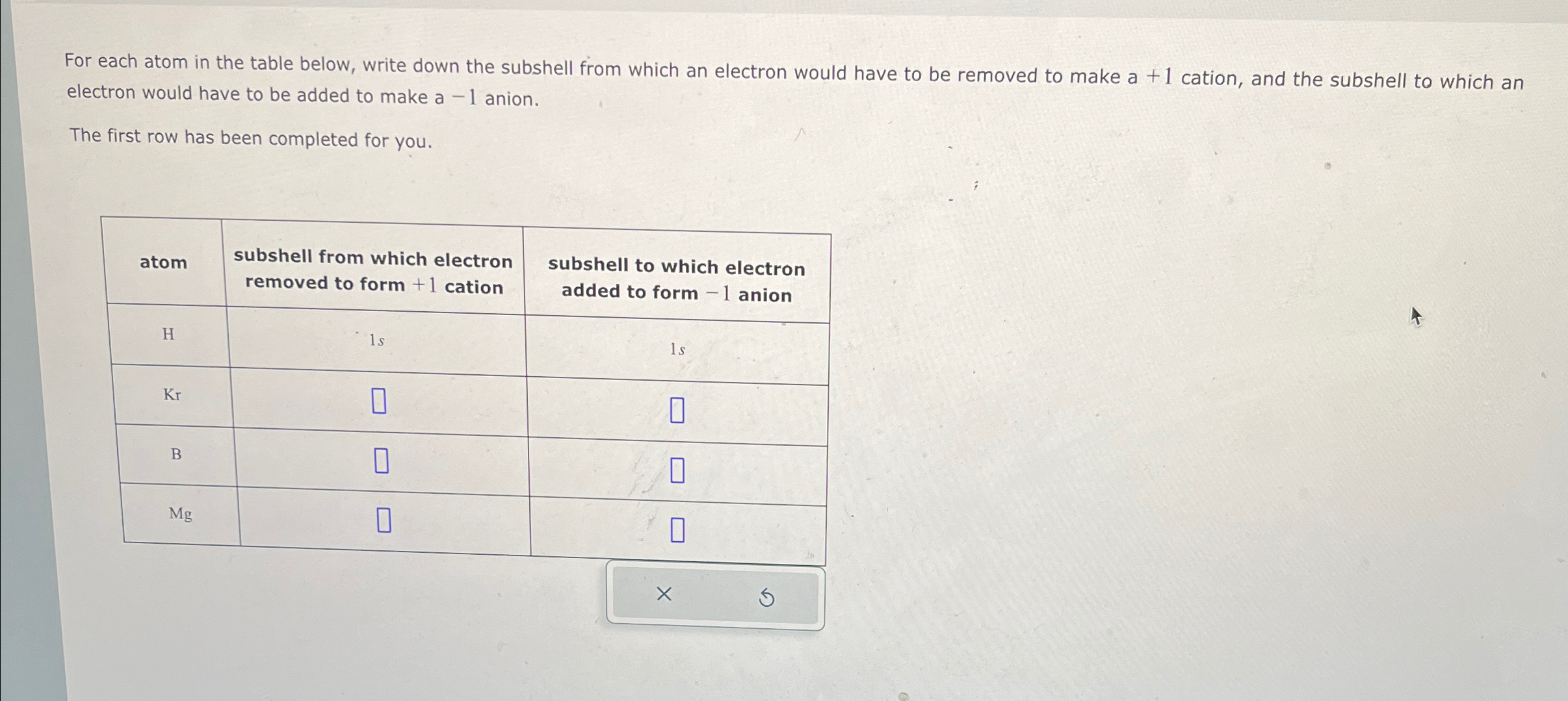 Solved For each atom in the table below, write down the | Chegg.com