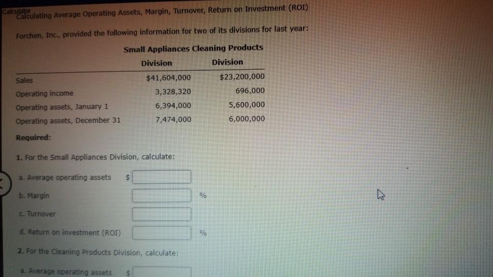 Solved Calculator Calculating Average Operating Assets, | Chegg.com