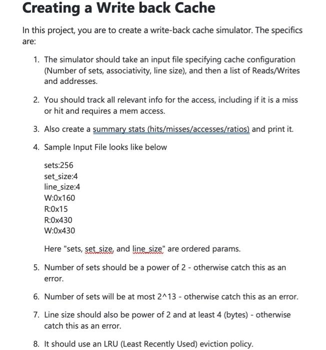 Creating a Write back Cache In this project, you are | Chegg.com