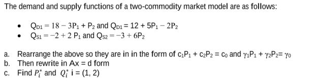 Solved The demand and supply functions of a two-commodity | Chegg.com