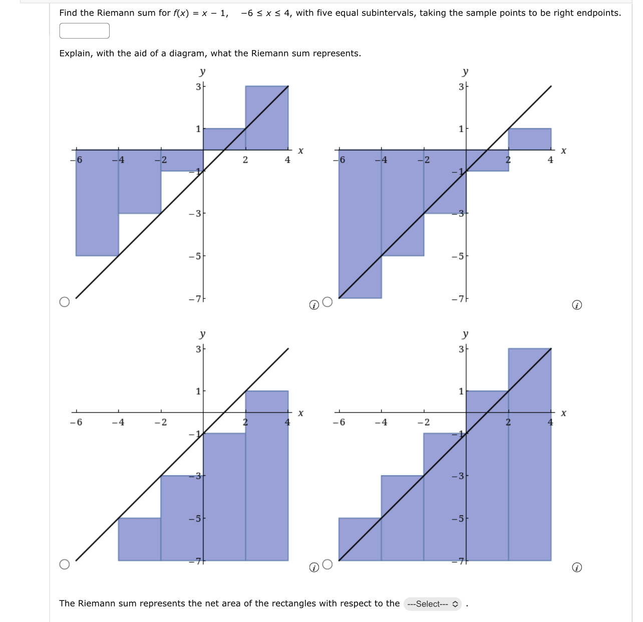 Solved Find the Riemann sum for f(x)=x-1,-6≤x≤4, ﻿with five | Chegg.com