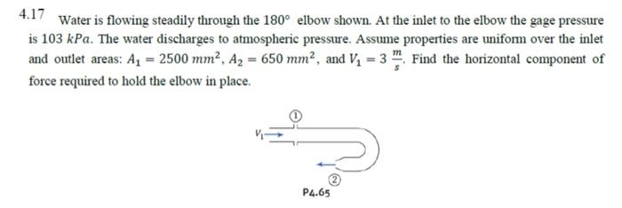 Solved 4.17 Water is flowing steadily through the 180° elbow | Chegg.com