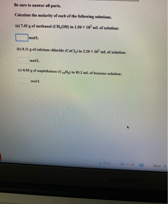 Solved Be sure to answer all parts. Calculate the molarity | Chegg.com