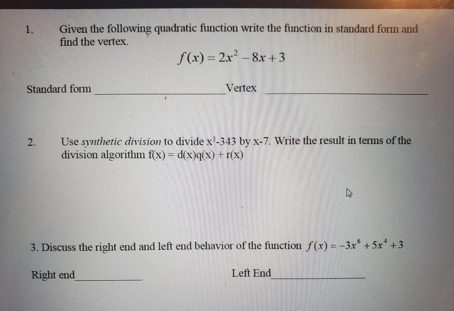 Solved 1. Given the following quadratic function write the | Chegg.com