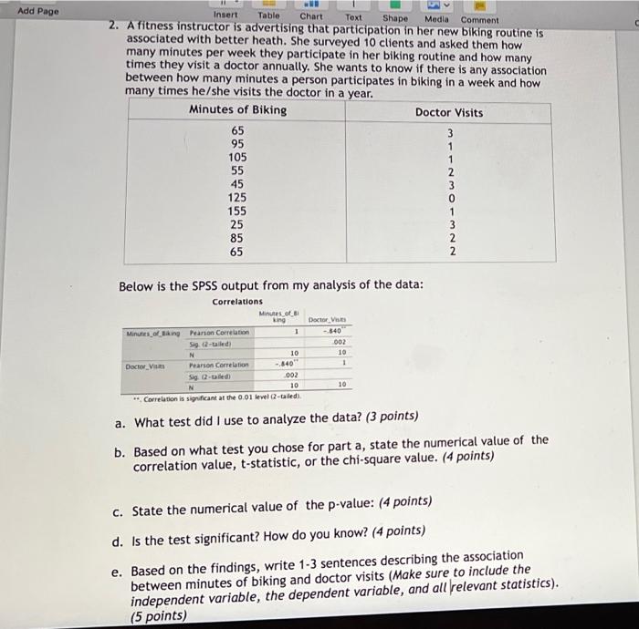Solved Add Page Insert Table Chart Text Shape 2. A fitness | Chegg.com