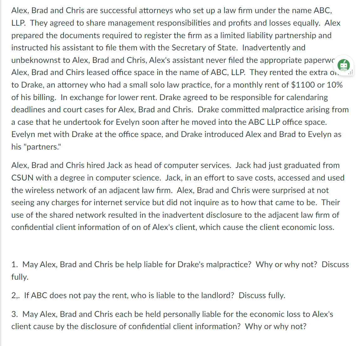 Solved Alex, Brad and Chris are successful attorneys who set | Chegg.com
