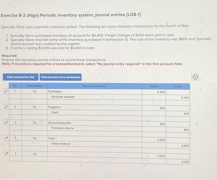 Solved Exercise 8-2 (Algo) Periodic inventory system; | Chegg.com