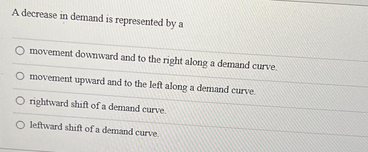 Solved A decrease in demand is represented by amovement | Chegg.com